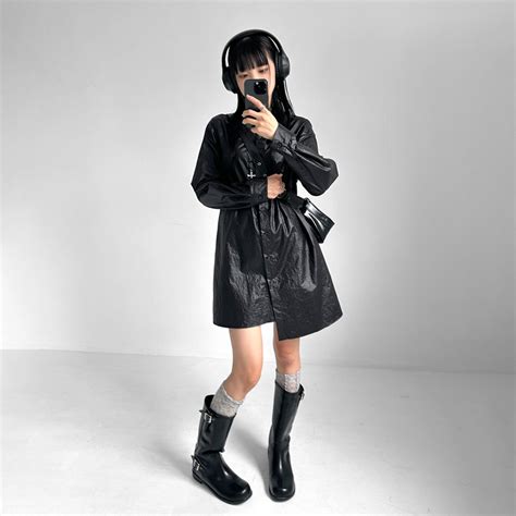 글로시 유니크 바스락 레이어드 언발 셔츠 미디 미니원피스 에이블리