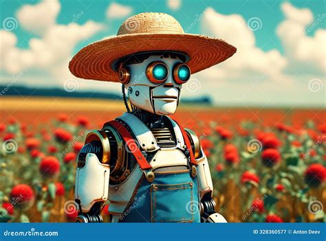 A Straw Hat Robot In A Rural Field Stock Image Image Of Eyes Field