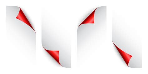 빨간 종이 컬 세트입니다 그림자가 있는 구부러진 페이지 모서리입니다 빈 종이입니다 화려한 반짝이는 호일 광고 및 판촉을 위한 디자인 요소 벡터 그림입니다 가장자리에 대한