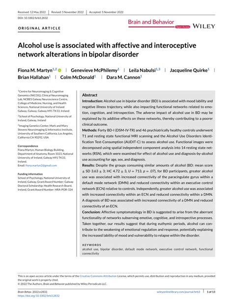 Pdf Alcohol Use Is Associated With Affective And Interoceptive Network Alterations In Bipolar