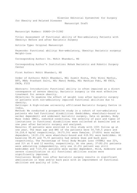 Pdf Assessment Of Functional Ability Of Non Ambulatory Patients With Obesity Before And After