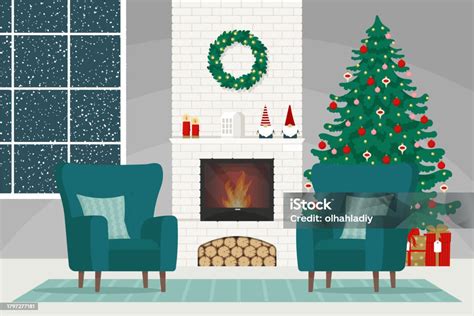 벽돌 클래식 벽난로 안락의자 장식된 크리스마스 트리가 있는 아늑한 인테리어 평면 스타일의 벡터 일러스트 레이 션 0명에 대한 스톡 벡터 아트 및 기타 이미지 Istock