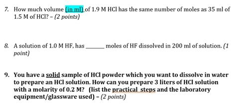 How Much Volume Inmllof 19 M Hcl Has The Same Number Of Moles As 35 Ml Of 15 Mof Hch 2 Points A