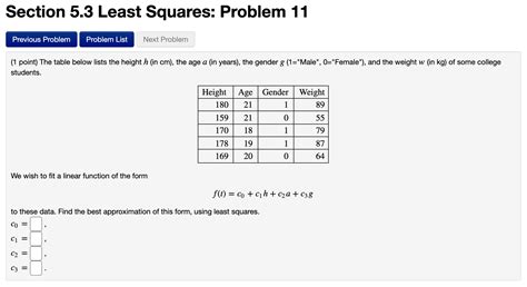 Solved Section Least Squares Problem Previous Chegg Com