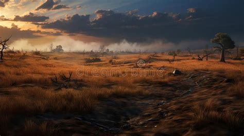 Regeneration Of Nature Grassland Covers Charred Forest Landscape Stock Illustration