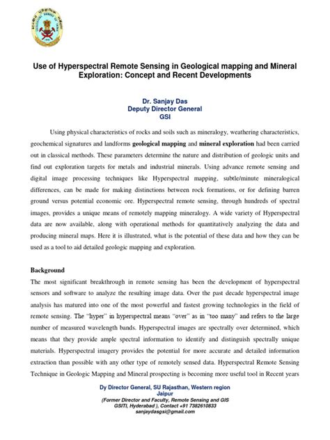 Use Of Hyperspectral Remote Sensing In Geological Mapping And Mineral Exploration And Data