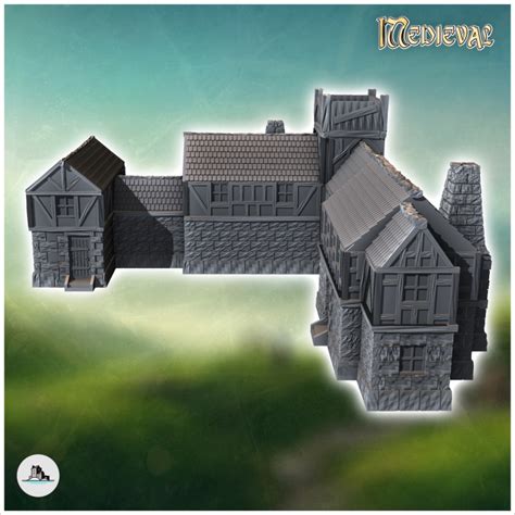 3d Printable Large Medieval Building With Stone Base And Wooden Corner