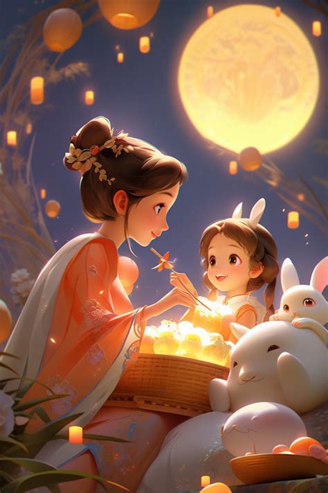 国潮中式皮克斯风格嫦娥玉兔中秋节人物插画