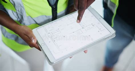 Architect Hand And Tablet With Blueprint With Teamwork For Building Project Planning Or