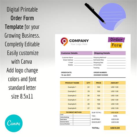 Order Form Template Business Template Instant Download Etsy