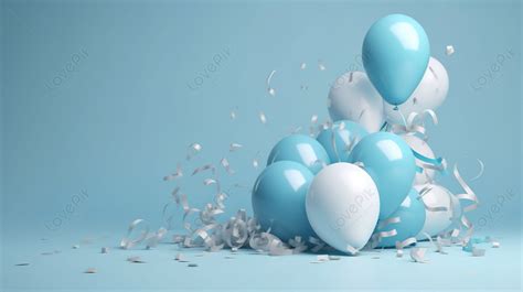 현실적인 광택 있는 파란색 및 흰색 풍선 리본 및 색종이를 사용하여 파스텔 파란색 배경의 3d 렌더링 그림 파란 풍선 배경 파란 리본 배경 실적 배경 이미지 Hd