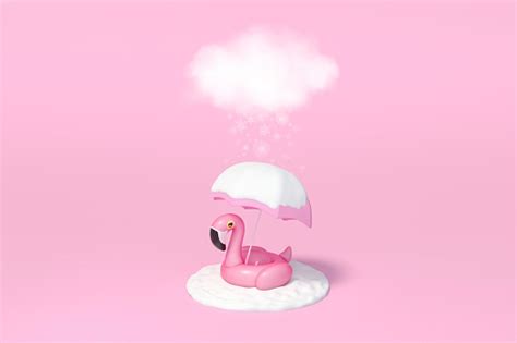 핑크 플라밍고 는 분홍색 배경 3d 렌더링에 눈송이 구름 아래 우산과 풍선 수영장 링을 플로트 3d 렌더링 3d 일러스트 여름과 장마 시즌 인사말 카드 템플릿 최소한의 개념