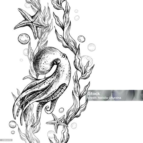 문어 거품과 함께 파도에 꿈틀거리는 나뭇잎과 산호 불가사리를 가진 바다 푸른 조류 그래픽 일러스트 레이 션 손 그려진 검은 잉크 수중 세계 긴 프로젝트를 위한 완벽한 수직