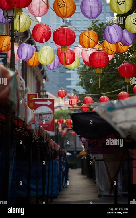 Ornate Paper Red Chinese Hanging Lanterns Celebrating The Mid Autumn
