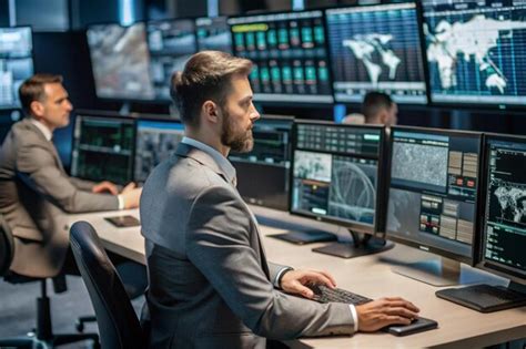 Show A Cybersecurity Expert Working In A Hightech Control Room Filled With Monitors Data Feeds