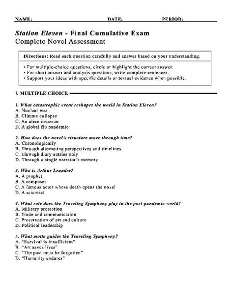 Station Eleven Final Exam Full Novel Assessment And Answer Key