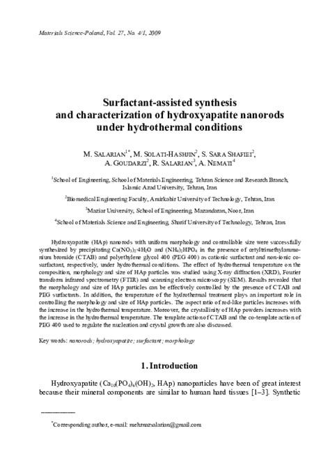 Pdf Surfactant Assisted Synthesis And Characterization Of Hydroxyapatite Nanorods Under