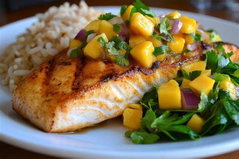Grilled Salmon With Mango Salsa And Rice Stock Illustration