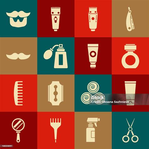 세트 가위 미용사 크림 로션 화장품 튜브 애프터 셰 이브 전기 클리퍼 면도기 분무기 병 콧수염 수염과 아이콘 벡터 가위에 대한 스톡 벡터 아트 및 기타 이미지 Istock