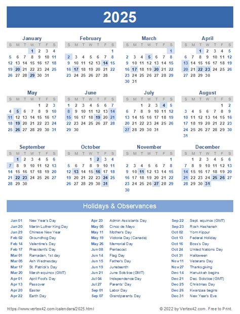 Free Printable 2025 Calendar With Holidays Pdf Calendars 2025