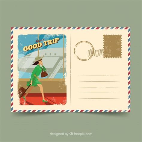 엽서 봉투 서식 파일 집합입니다 인사말 카드 우표 우편 서비스 빨간색 파란색 프레임 빠른 배달 항공 배송 세련 된 복고풍 디자인 빈 빈 그래픽 템플릿 프리미엄 벡터