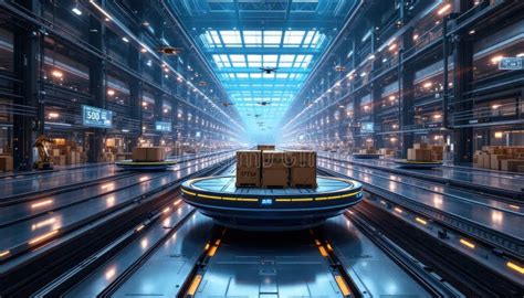 Futuristic Automated Warehouse With Drones And Robots Stock Illustration Illustration Of