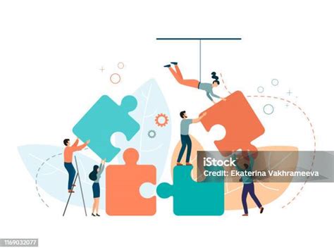 비즈니스 개념입니다 퍼즐 요소를 연결하는 사람들 팀워크 파트너십 협력의 상징 벡터는 추세 색상의 흰색 배경에 격리됩니다 실톱에 대한 스톡 벡터 아트 및 기타 이미지 Istock