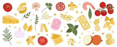 이탈리아 파스타 재료 지중해 스파게티 요리 이탈리아 음식 낙서 신선한 새우 토마토 치즈 건강 요리 괜찮은 벡터 세트 건강한 식생활에 대한 스톡 벡터 아트 및 기타 이미지
