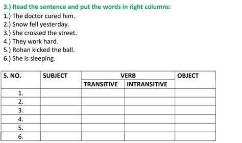 Verbs Transitive And Intransitive Class 5 Worksheet Fill In The