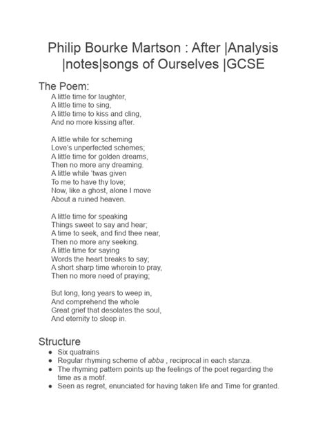 Philip Bourke Martson After Analysis Notes Songs Of Ourselves Gcse Pdf