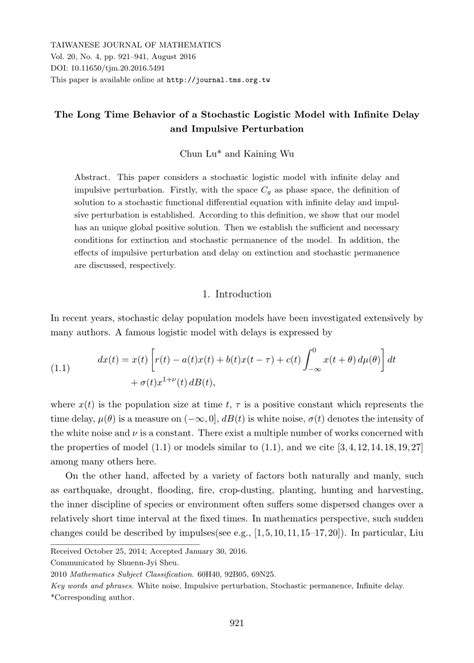 Pdf The Long Time Behavior Of A Stochastic Logistic Model With