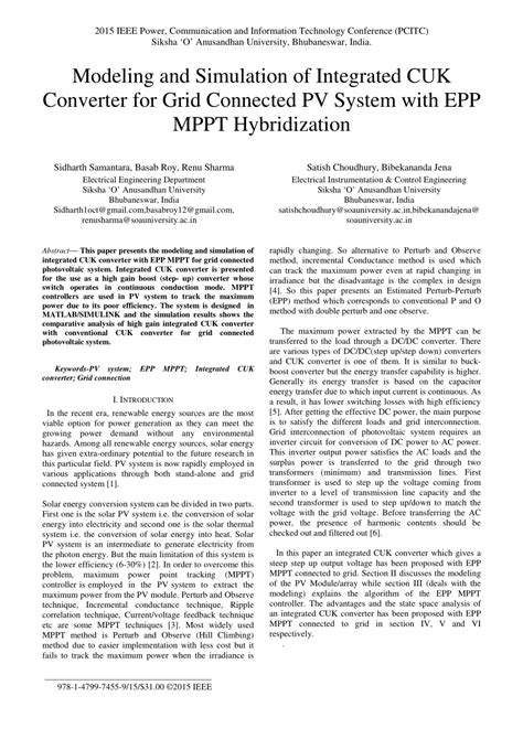 Pdf Modeling And Simulation Of Integrated Cuk Converter For Grid Connected Pv System With Epp