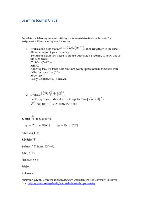 Learning Journal Unit 8 Math1 Learning Journal Unit 8 Complete The Following Questions