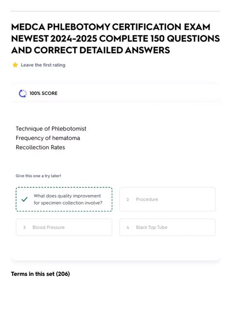 Medca Phlebotomy Certification Exam Newest Complete 150 Questions And Correct Detailed Answers
