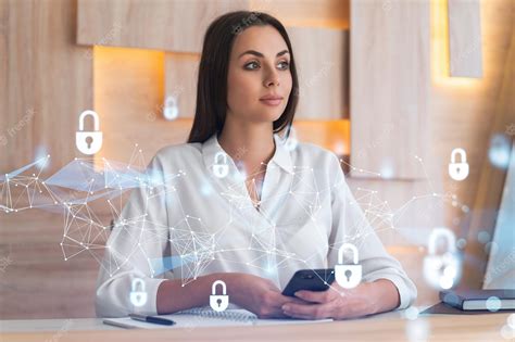 Premium Photo Attractive Businesswoman In White Shirt Checking Cyber Security Using Smart