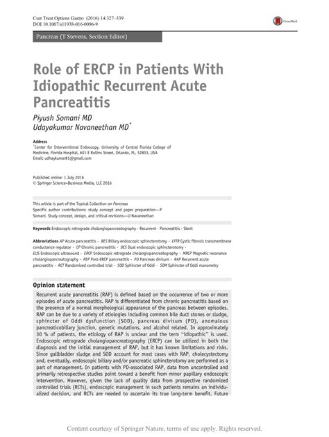 Role Of Ercp In Patients With Idiopathic Recurrent Acute Pancreatitis Request Pdf