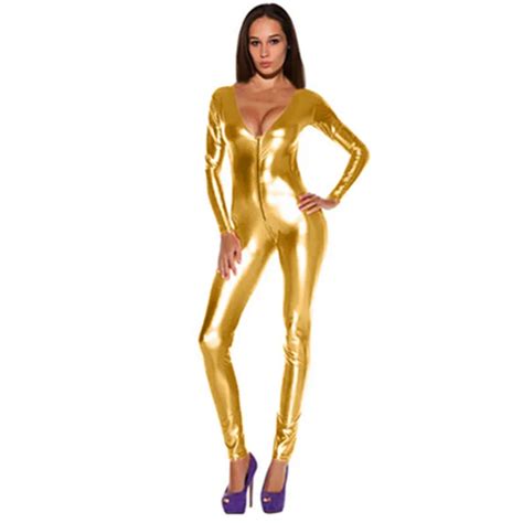 Sexy V Neck Shiny Gold Jumpsuit For Women Faux Leather Bodysuit Zipper Open Crotch Erotic Latex
