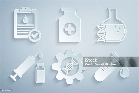 유전 공학 Dna 연구 검색 의료 주사기 및 바이알 혈액 한 방울이 있는 시험관 약병 및 클립보드 테스트 아이콘을 설정합니다 벡터 피에 대한 스톡 벡터 아트 및 기타 이미지