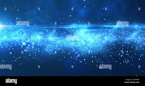 Abstract Blue Glowing Flying Waves Of Energy Particles Futuristic High Tech Background Stock