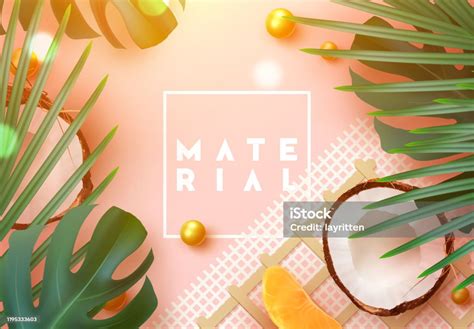 여름 열대 배경입니다 다양한 과일 녹색 잎 야자 수 현실적인 코코넛 오픈 0명에 대한 스톡 벡터 아트 및 기타 이미지 0명