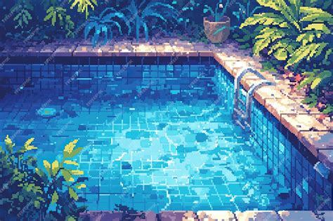 Pixel Art Of An Outdoor Swimming Pool Blue Water Surrounded By Tropical