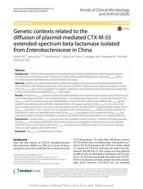 Pdf Genetic Contexts Related To The Diffusion Of Plasmid Mediated Ctx M 55 Extended Spectrum