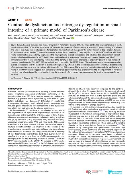Pdf Contractile Dysfunction And Nitrergic Dysregulation In Small Intestine Of A Primate Model