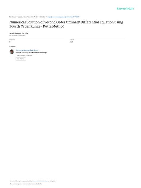 Numerical Solution Of Second Order Ordinary Differential Equation Using Fourth Order Runge Kutta