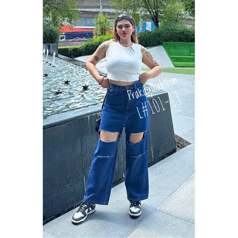 กางเกงยีนส์ขากระบอกไซส์ใหญ่ กางเกงยีนส์ Shopee Thailand