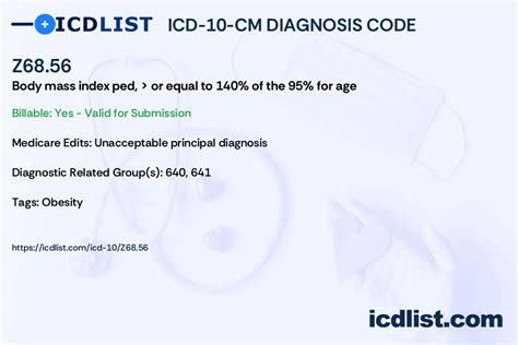 Icd 10 Cm Diagnosis Code Z68 56 Body Mass Index [bmi] Pediatric Greater Than Or Equal To 140