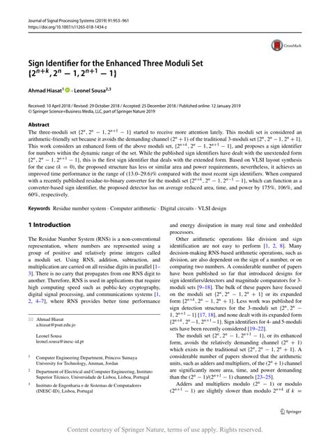 Sign Identifier For The Enhanced Three Moduli Set 2n K 2n − 1 2n 1 − 1 Request Pdf