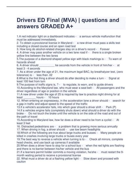 Drivers Ed Final Mva Questions And Answers Graded A Drivers Ed Stuvia Us