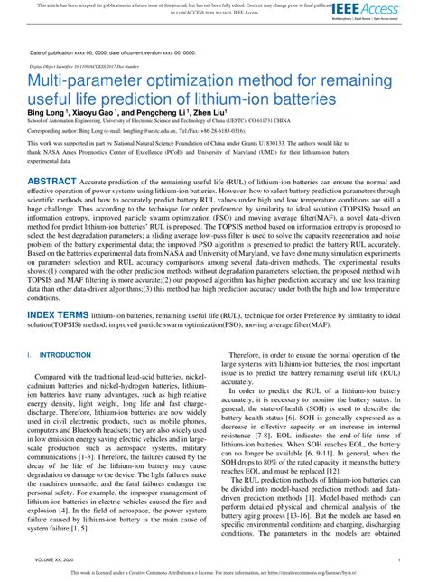 pdf multi parameter optimization method for remaining useful life prediction of lithium ion