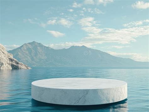 On A Floating Platform A Product Display Is Beautifully Presented Amidst A Serene Mountainscape